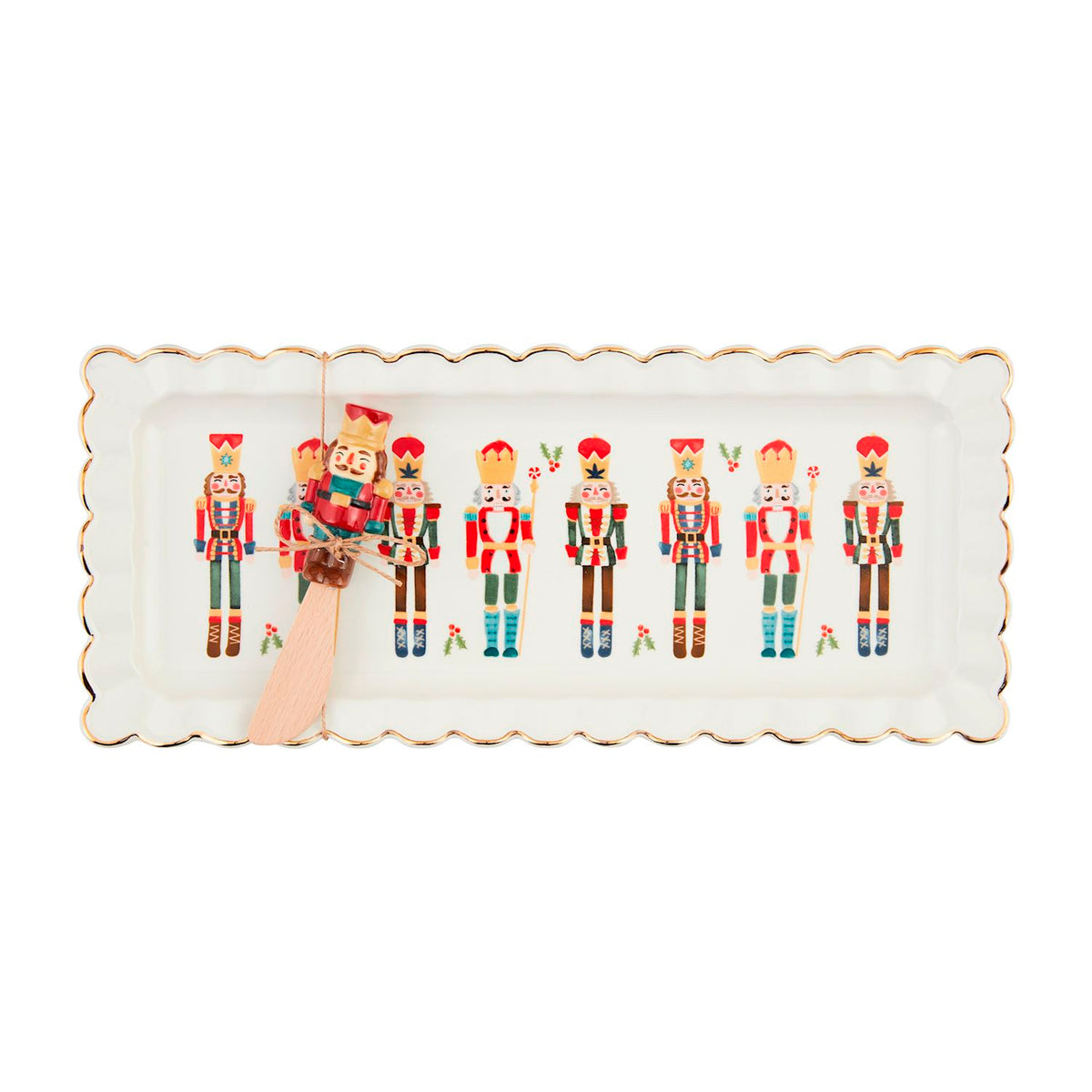 Nutcracker Ceramic Tray with Scallop Rim and Wooden Spreader Hostess S ...