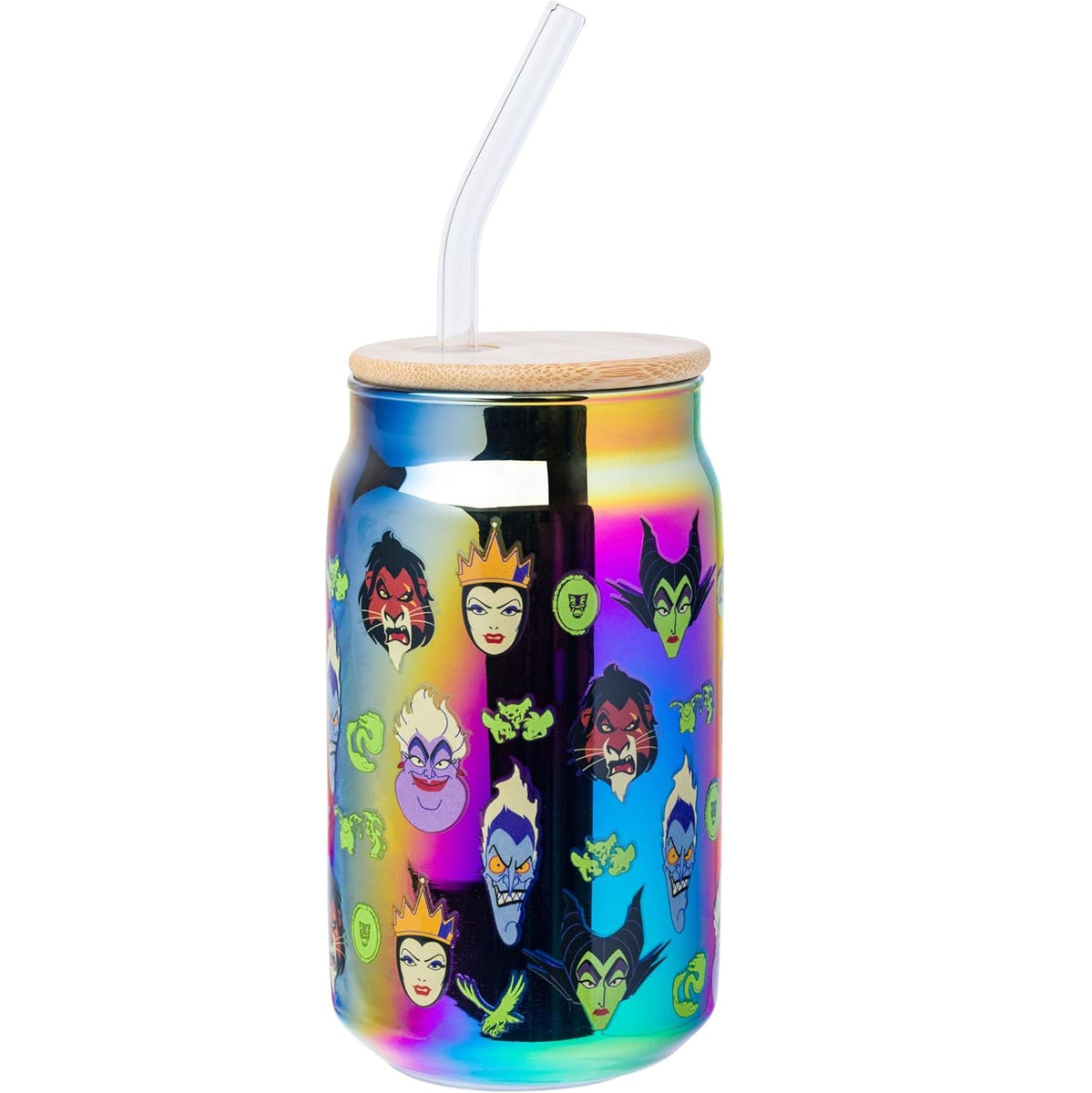Disney Villain Characters Iridescent Glass Tumbler with Bamboo Lid, 16 ...