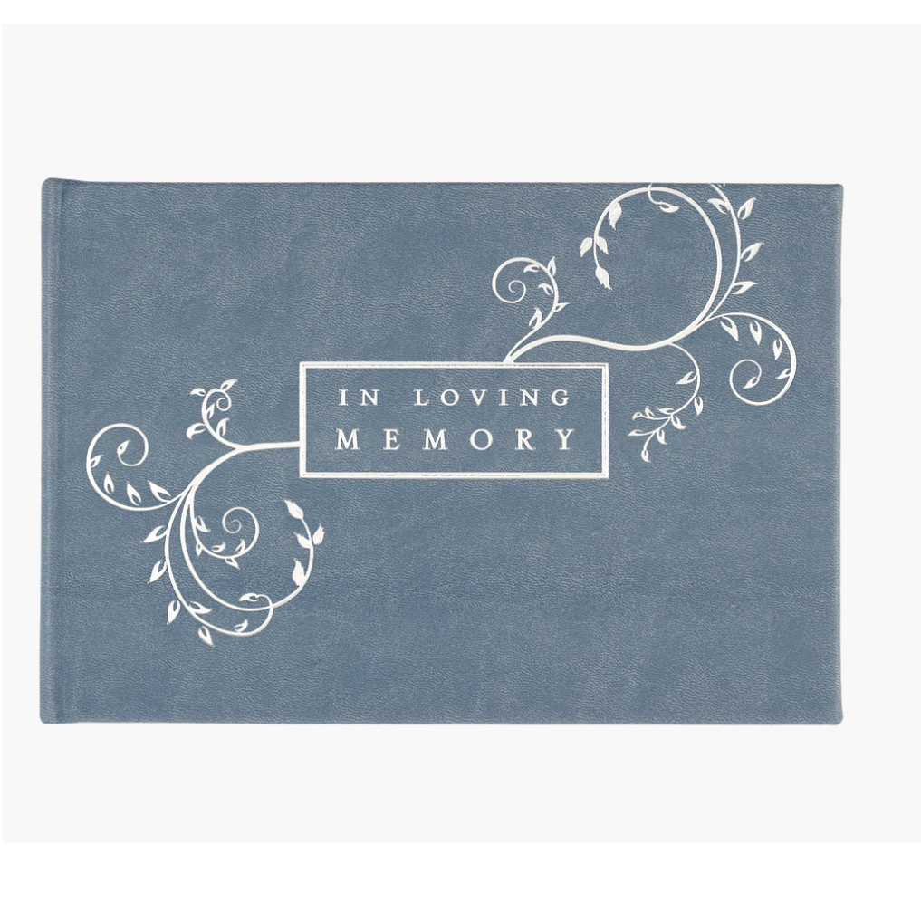 In Loving Memory Slate Blue Vegan Leather Cover Guest Book with Silver ...