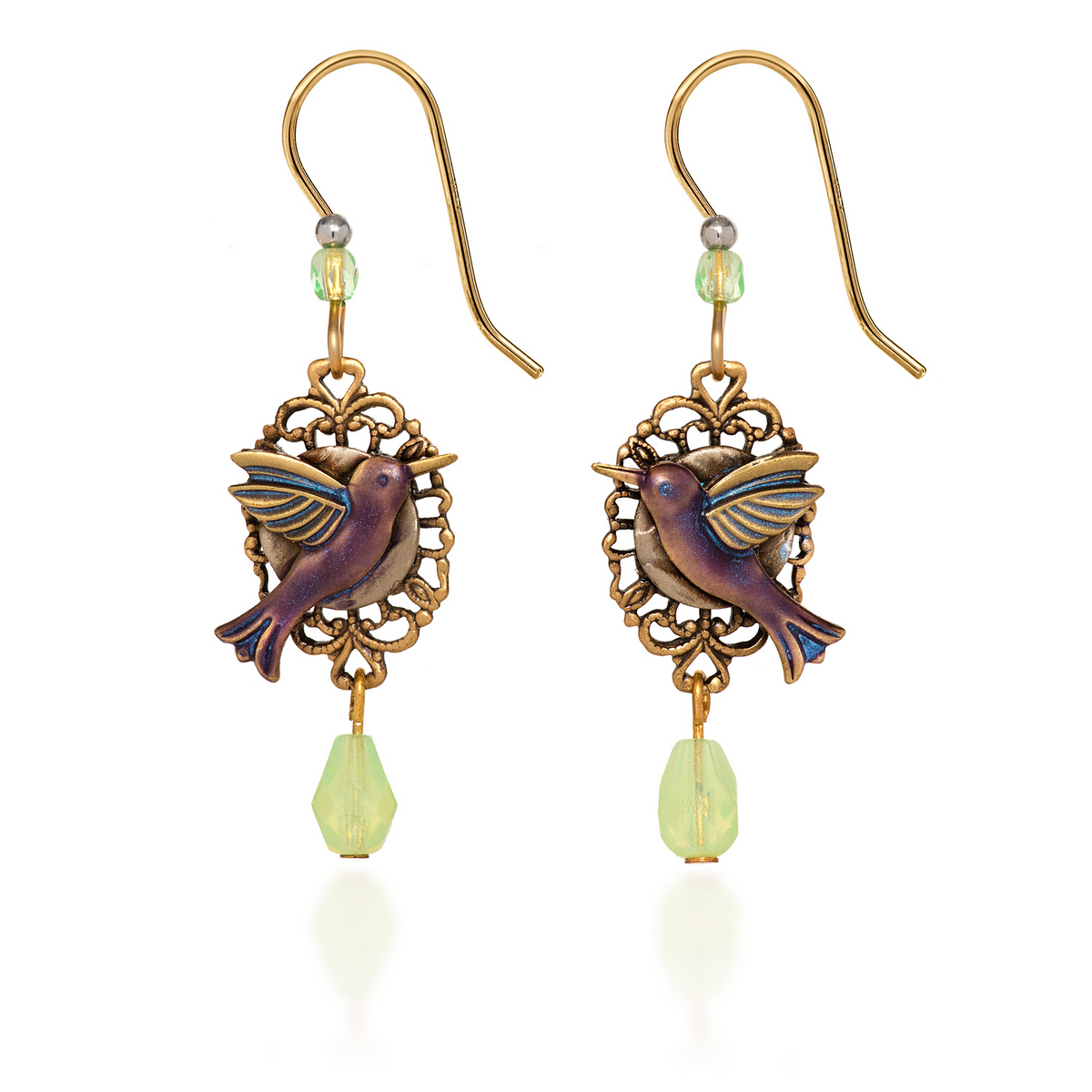Silver Forest Purple Hummingbird on Filigree and Jade Drop Pierced Ear ...