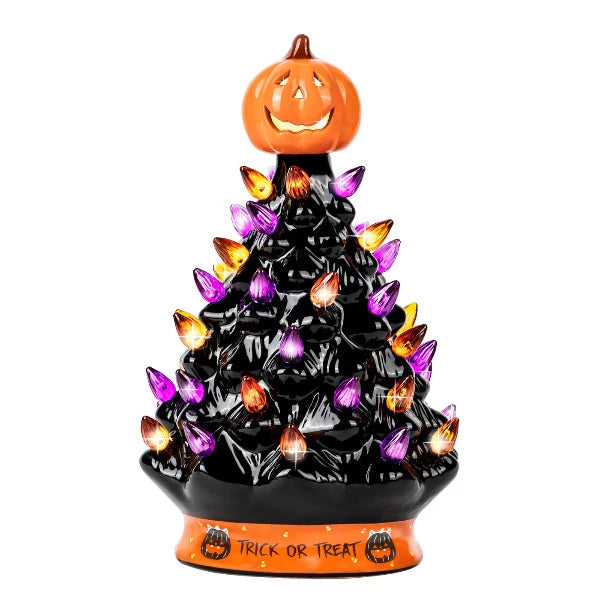 Handcrafted Cordless Black Ceramic Halloween Tree with LED Bulbs and J ...